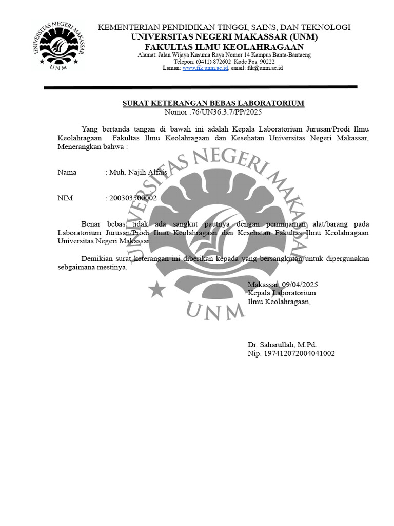 Surat Keterangan Bebas Laboratorium IKOR | PDF