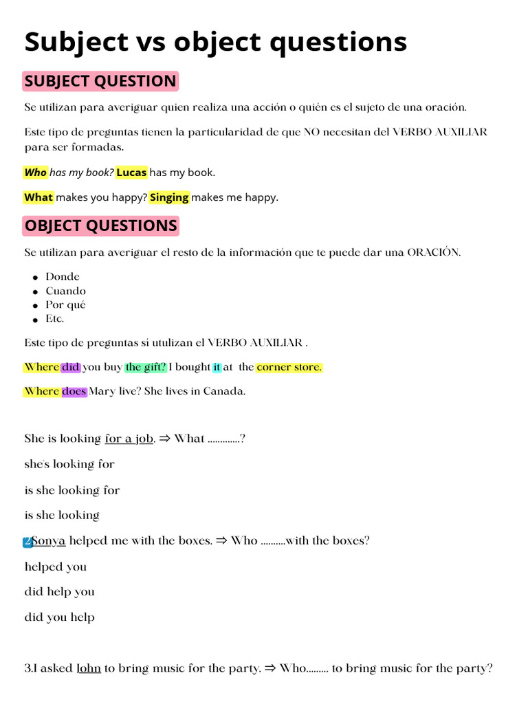 Subject Vs Object Questions PDF | PDF
