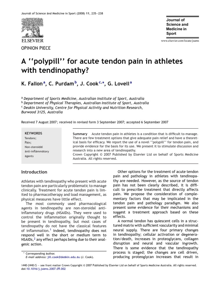 A Polypill'' For Acute Tendon Pain in Athletes With Tendinopathy ...