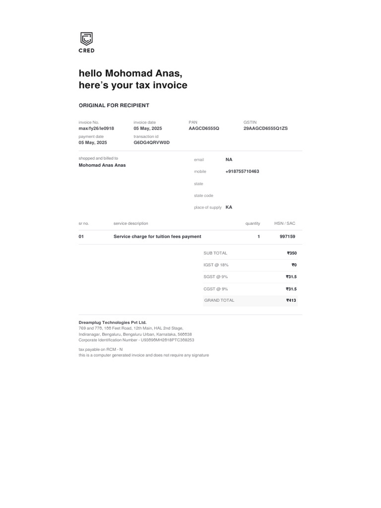 Hello Mohomad Anas, Here's Your Tax Invoice: Original For Recipient | PDF