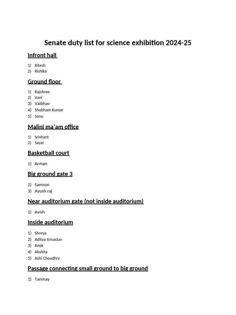 Senate Duty List For Science Exibition | PDF