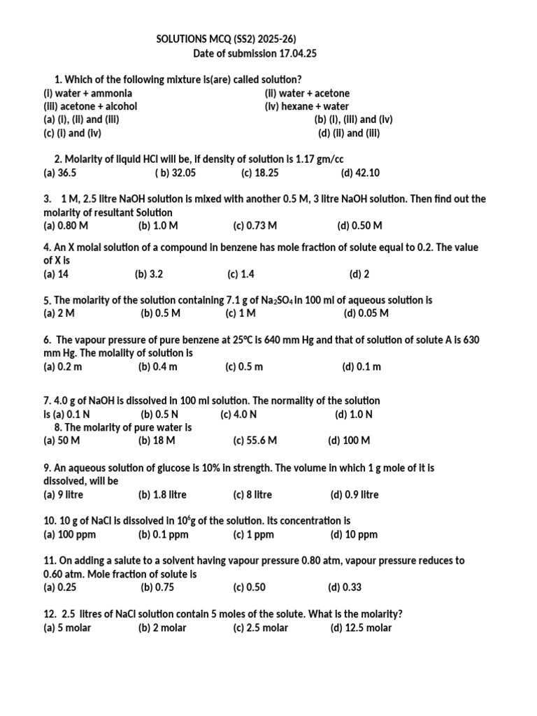 SOLUTIONS Assignment 2025-26 | PDF | Solubility | Chemistry