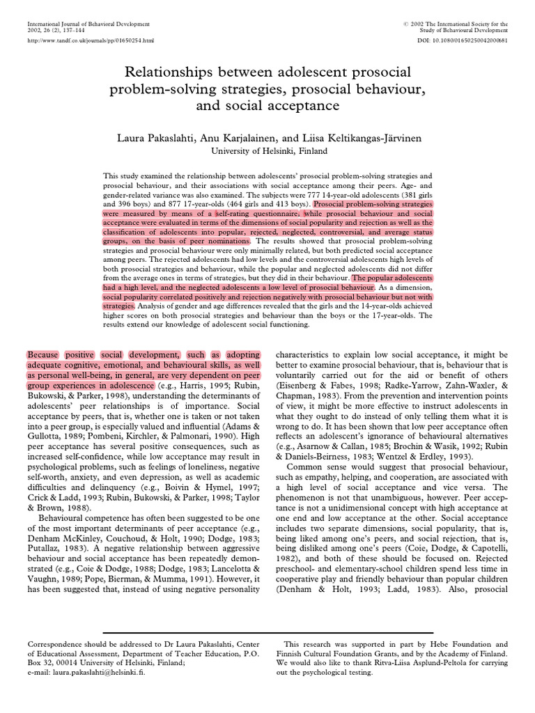 Adolscent Pro Scoial Behviour and The Social Acceptance | PDF | Adolescence | Behavioural Sciences