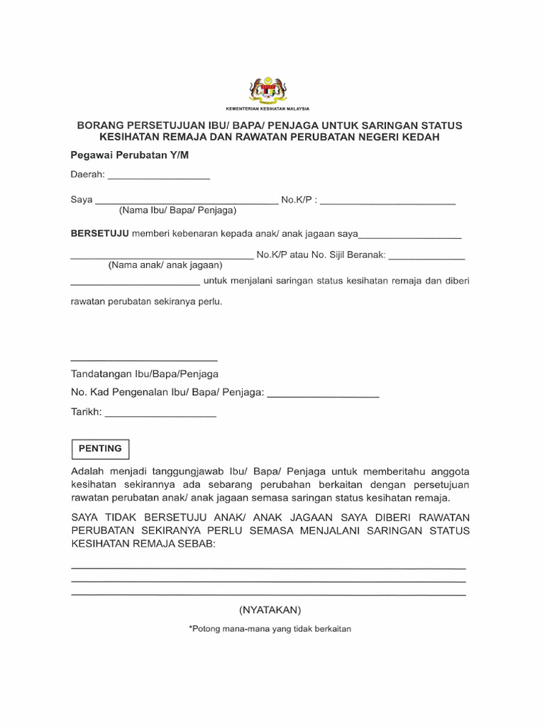 Borang Persetujuan Saringan BSSK | PDF