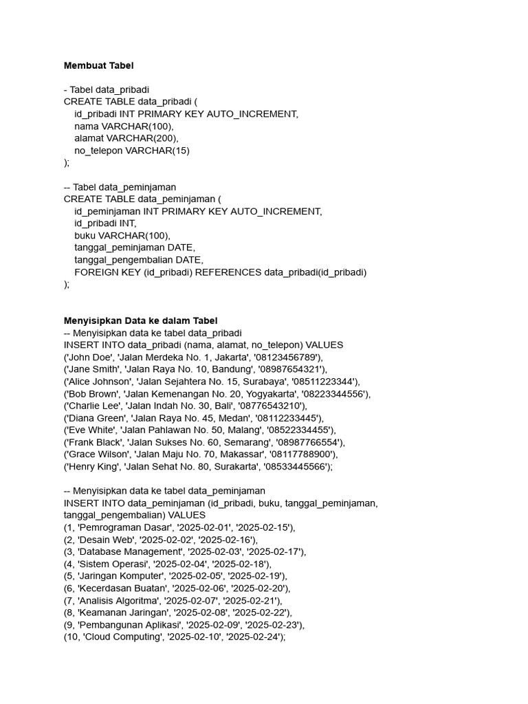 Belajar membuat Table dan Insert data, where | PDF
