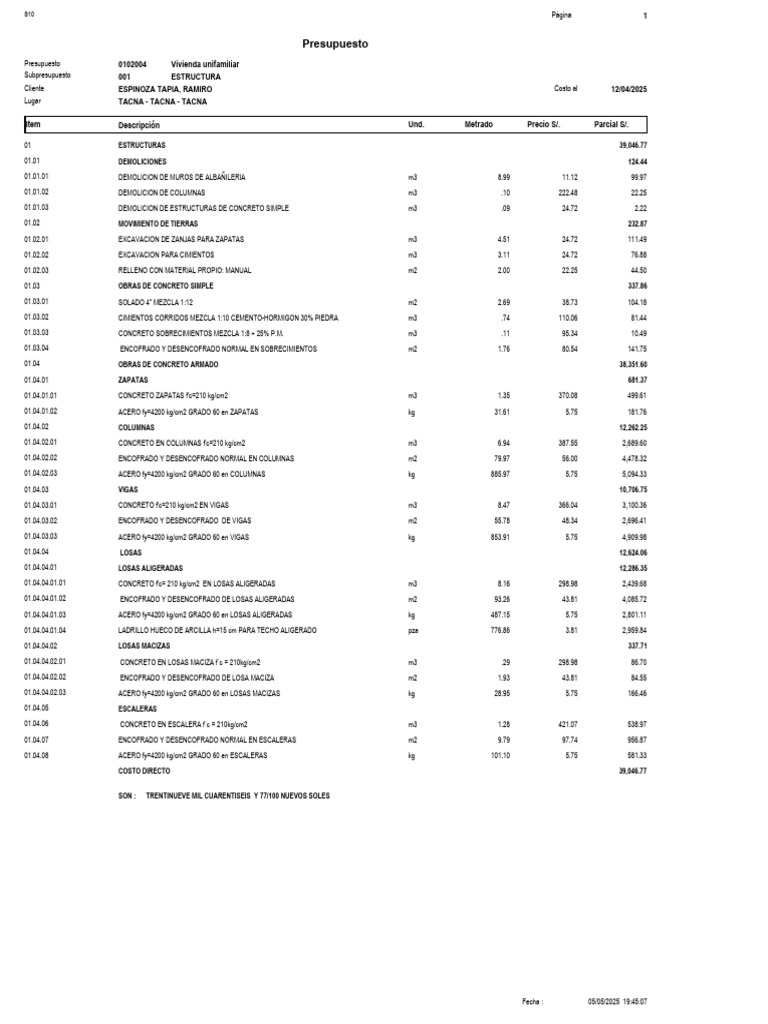 Presupuestocliente Estructura | PDF | Ingeniería estructural | Material compuesto