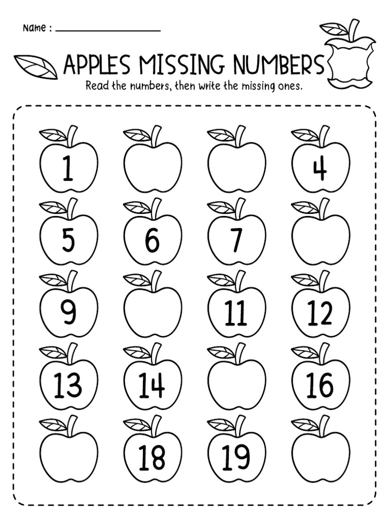 ApplesMissingNumbers120PreschoolMathActivityWorksheetsCountandWrite 1 | PDF