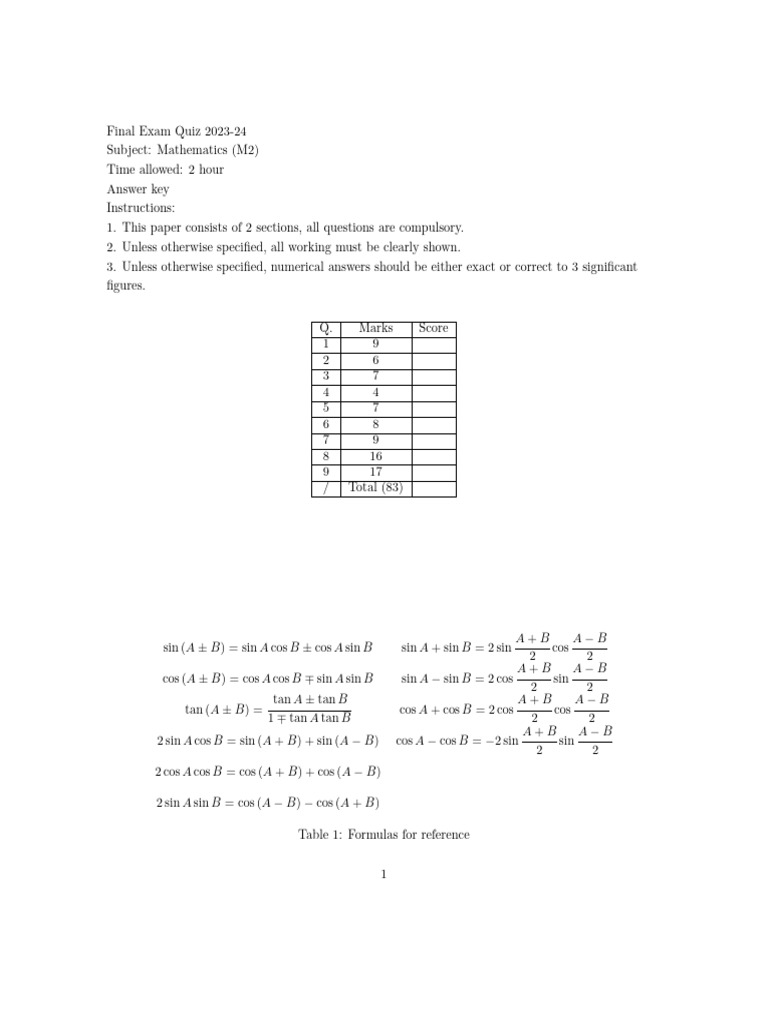 Math Quiz M2 Final 2324 Ans | PDF | Elementary Mathematics | Mathematical Objects