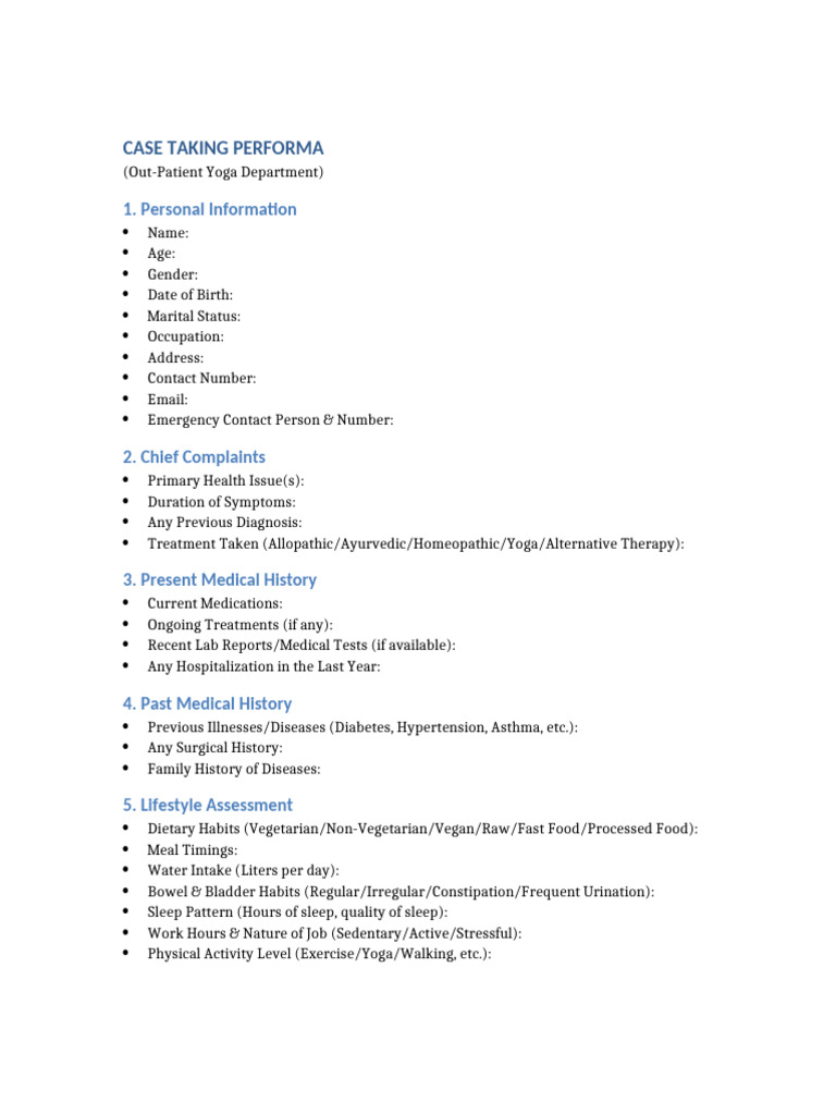 Yoga OPD Case Taking Performa | PDF