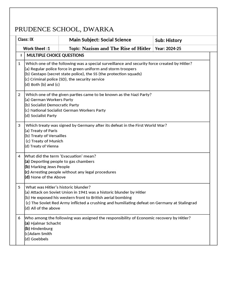 Nazism and The Rise of Hitler (Hist) Worksheet | PDF | Nazi Germany ...