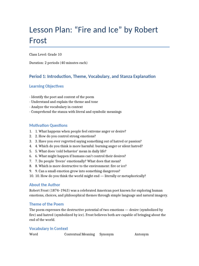 Fire and Ice Lesson Plan | PDF | Hatred | Emotions
