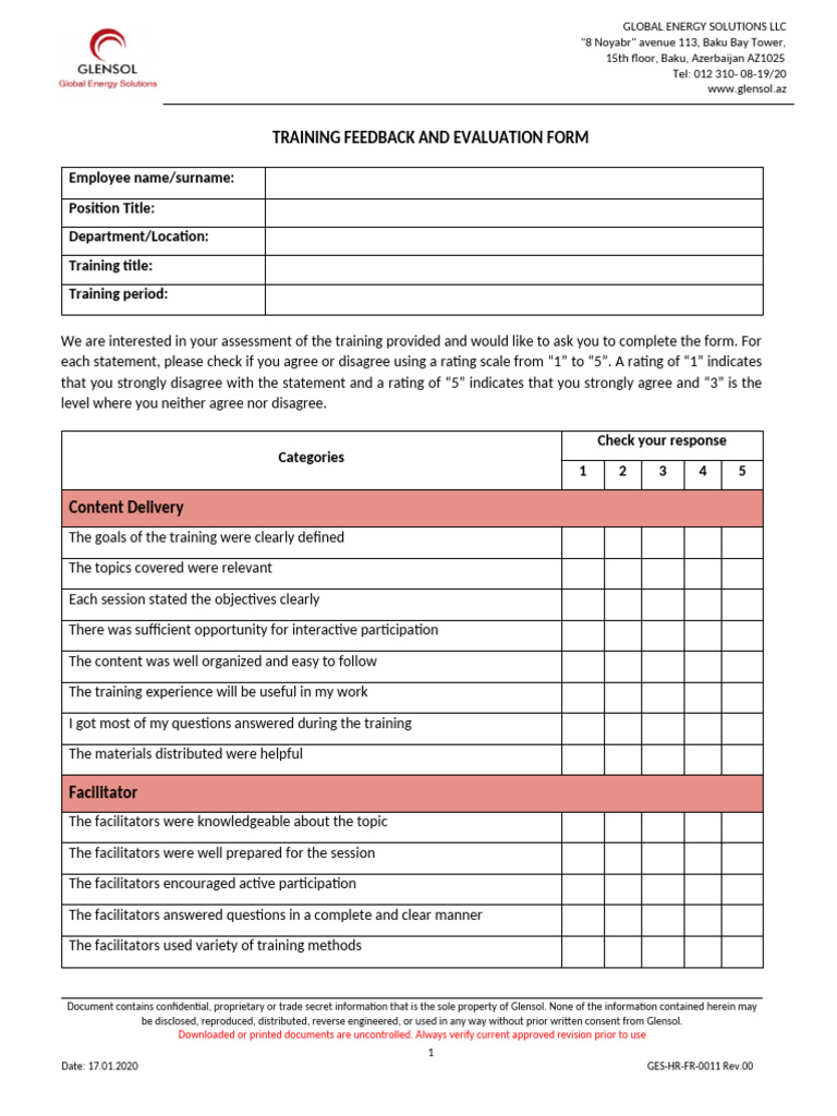 GES-HR-FR-0011. Training Feedback and Evaluation Form | PDF