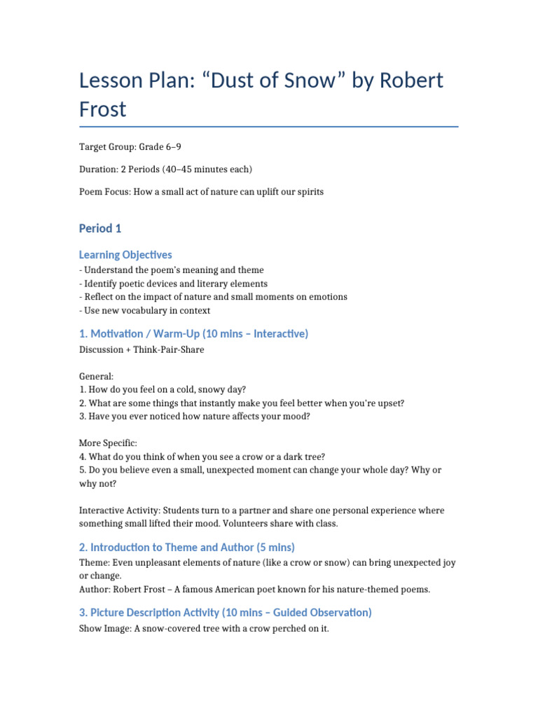 Dust of Snow Lesson Plan With Answers | PDF | Poetry | Lesson Plan