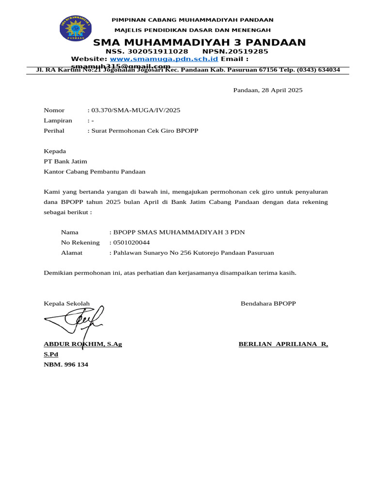 Surat Prinr Out Ulang Cek Giro | PDF