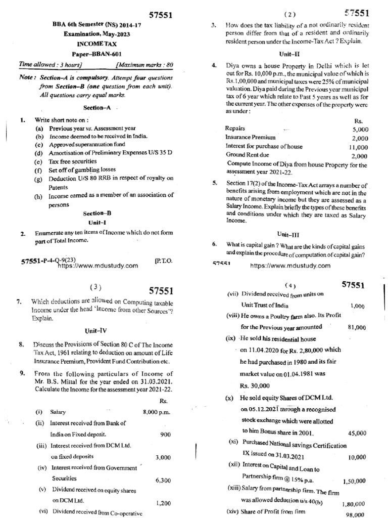 Bba 6 Sem Income Tax 57551 May 2023 | PDF