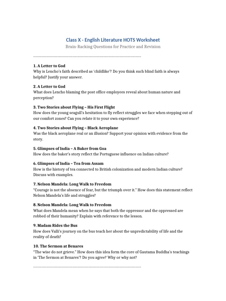 ClassX English HOTS Worksheet Fancy | PDF