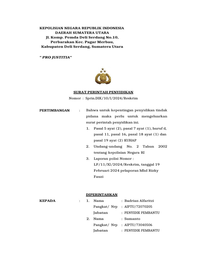 Surat Perintah Penyidikan Tindak Pidana | PDF