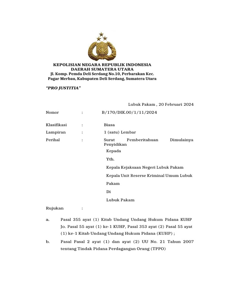 Surat Pemberitahuan Dimulainya Penyidikan (SPDP) | PDF