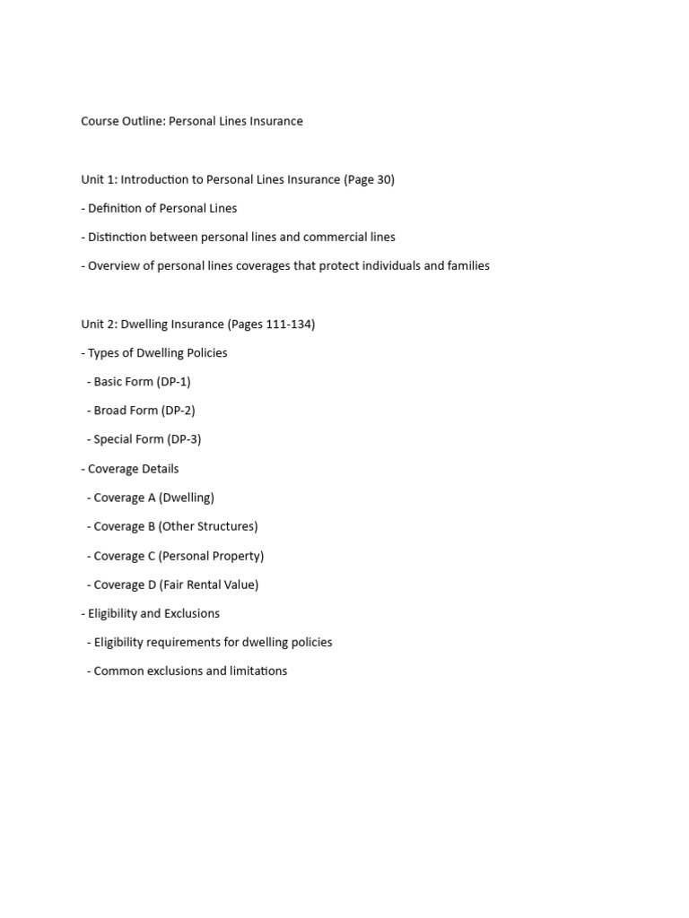 Personal Lines Insurance Course Outline | PDF | Home Insurance | Insurance