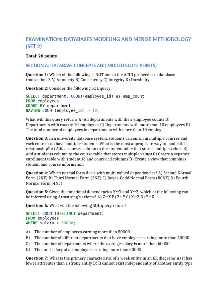 Examination - Databases Modeling and Merise Methodology (Set 2) | PDF | Database Index | Databases