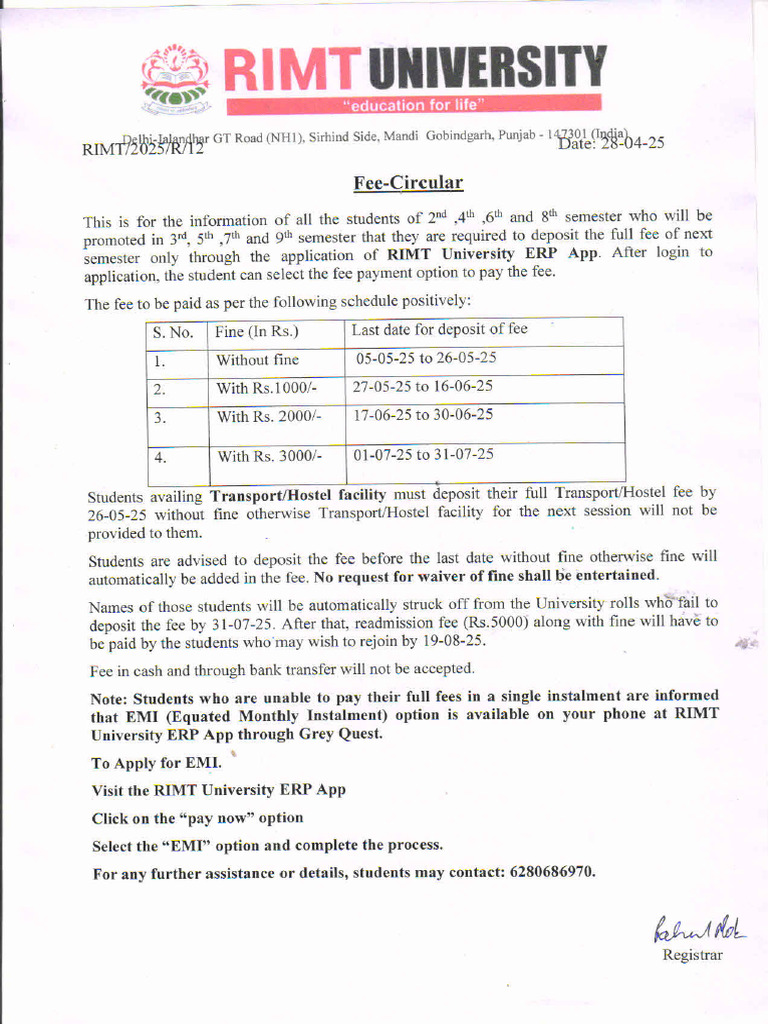 Odd Semester Fee Circular | PDF