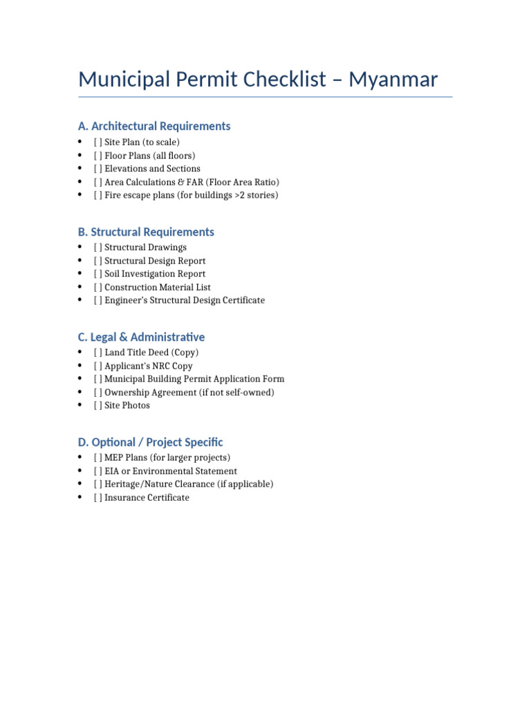 Myanmar Municipal Permit Checklist | PDF