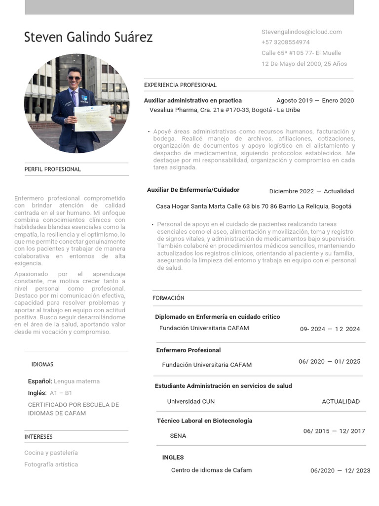 Perfil Profesional de Steven Galindo | PDF | Enfermería | Medicina