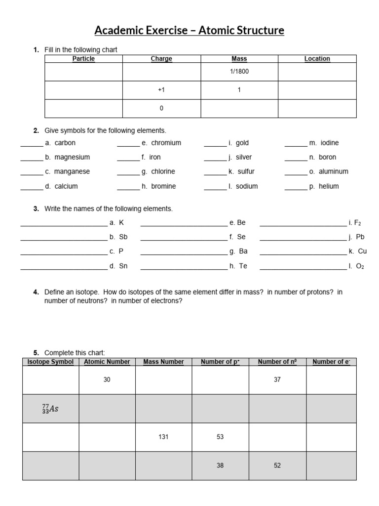 Academic Exercise - Atomic Structure I | PDF | Isotope | Chemical Elements
