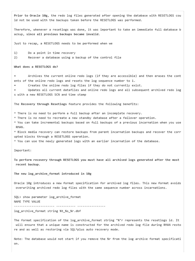 RESETLOGS and Reset of The Incarnation of The Database | PDF | Backup | Databases