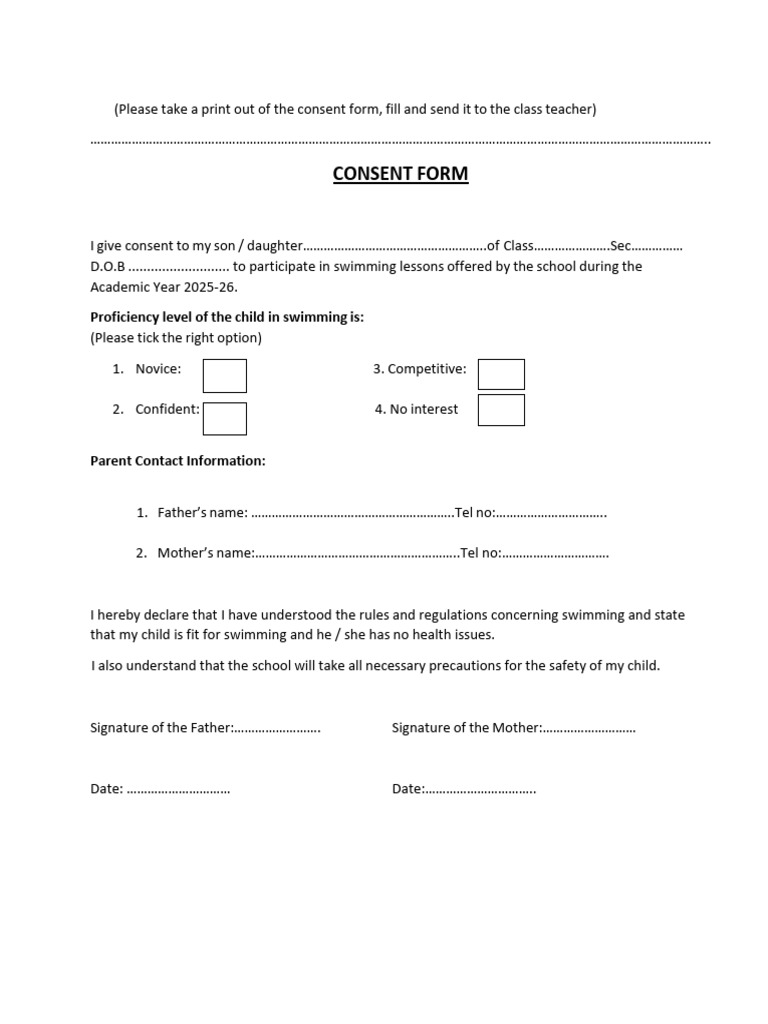 Swimming Classes-Consent Form | PDF