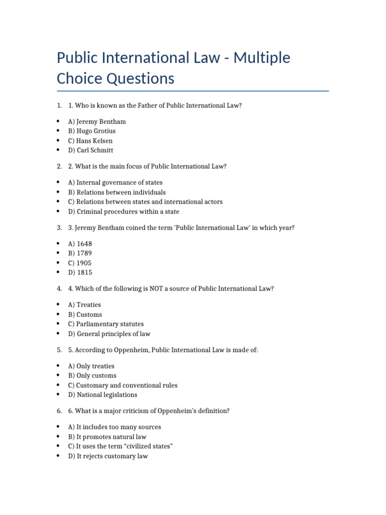Public International Law Quiz Questions | PDF | International Law | Justice