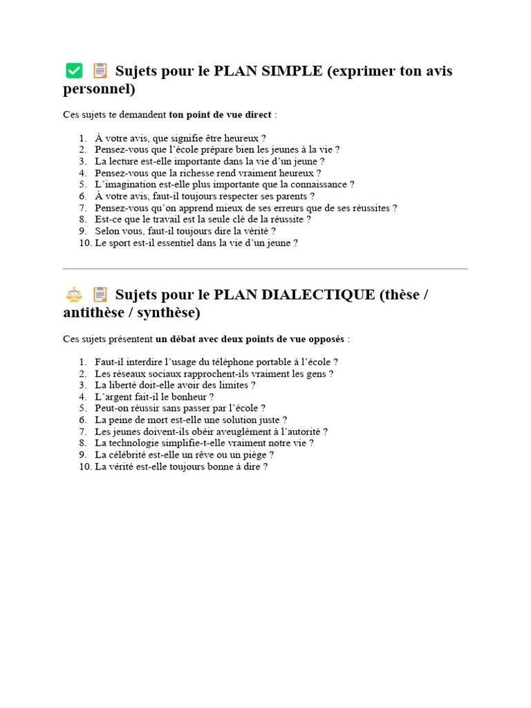 Sujets de Plans Simple et Dialectique | PDF