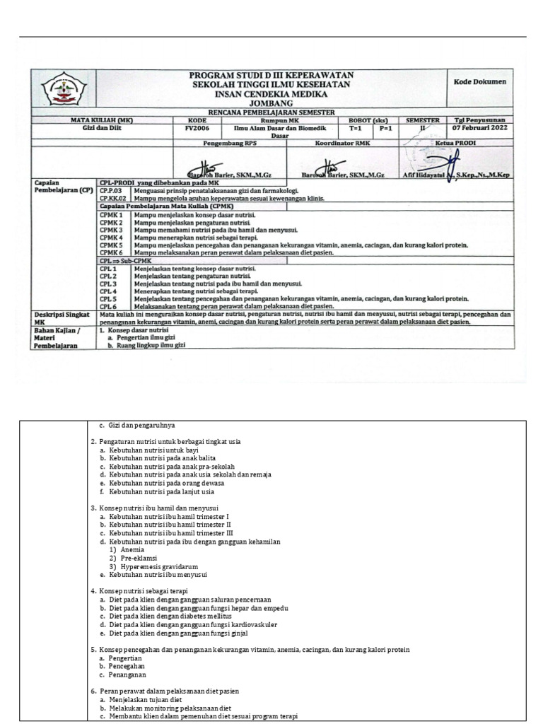 Rps Gizi Dan Diit Semester 2 | PDF