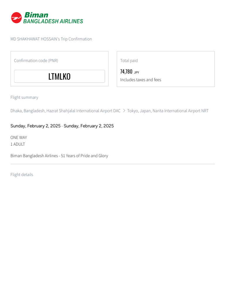 Biman Bangladesh Airlines - Print Confirmation | PDF