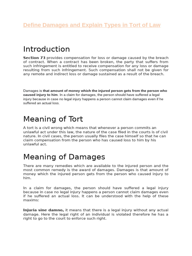 Define Damages and Explain Types in Tort of Law | PDF | Damages | Tort