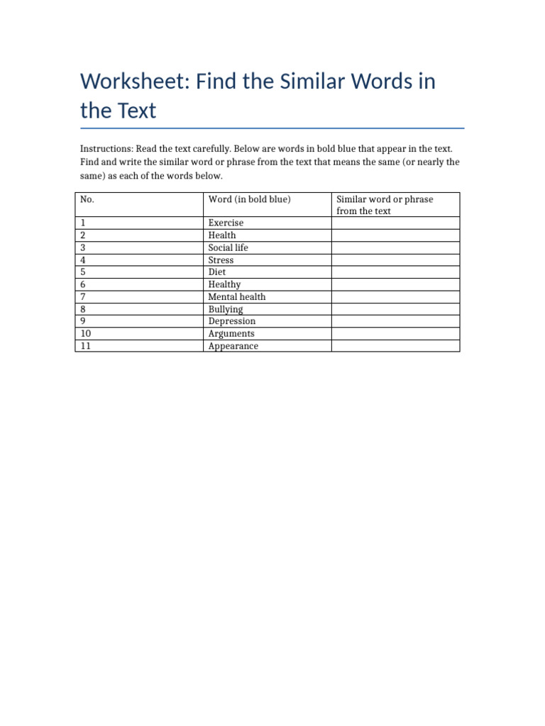 Find Similar Words Worksheet Student Version | PDF
