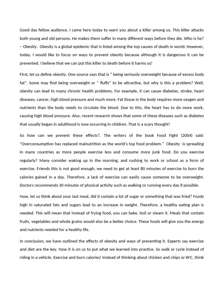 Obesity Prevention Speech | PDF | Obesity | Nutrition