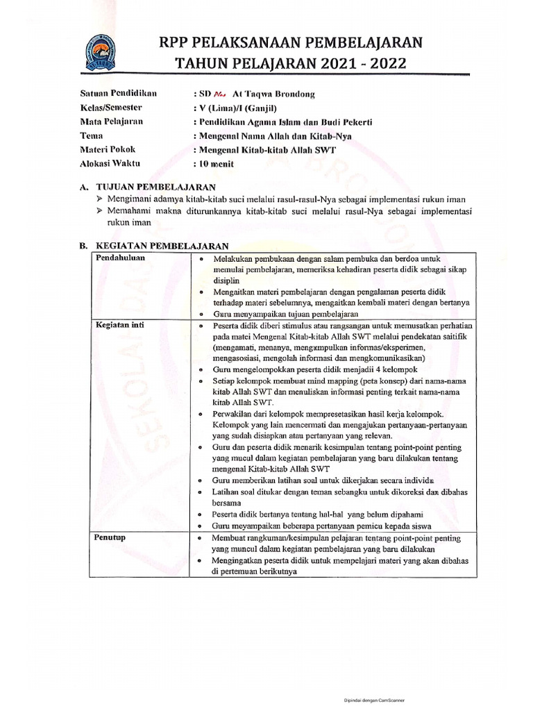 RPP Pai Kelas V SD Mengenal Kitab Kitab Allah SWT | PDF