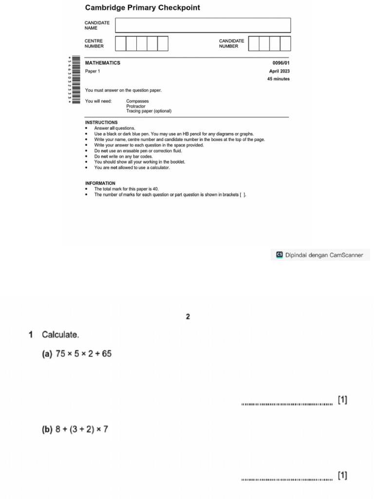 April 2023 Paper 1 Math Primary Checkpoint | PDF