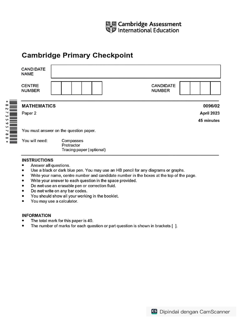 Cambridge Primary Checkpoint Math April 2023 Paper 2 | PDF