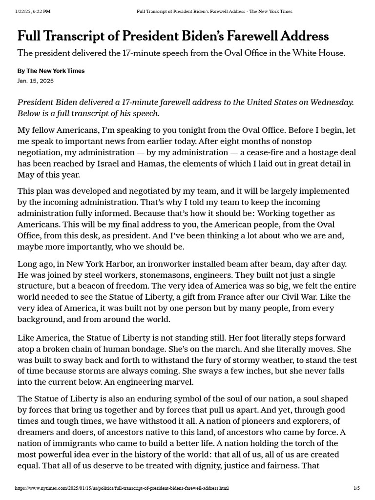 Full Transcript of President Biden's Farewell Address - The New York ...