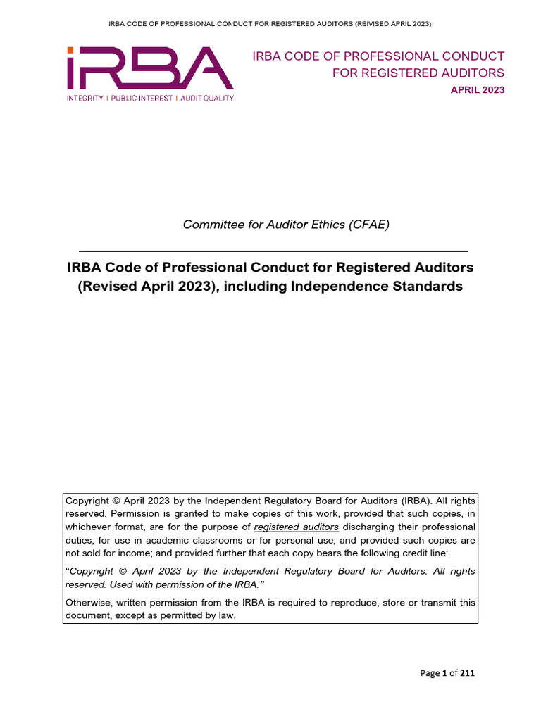 IRBA Code (Revised April 2023) | PDF | Audit | Auditor's Report