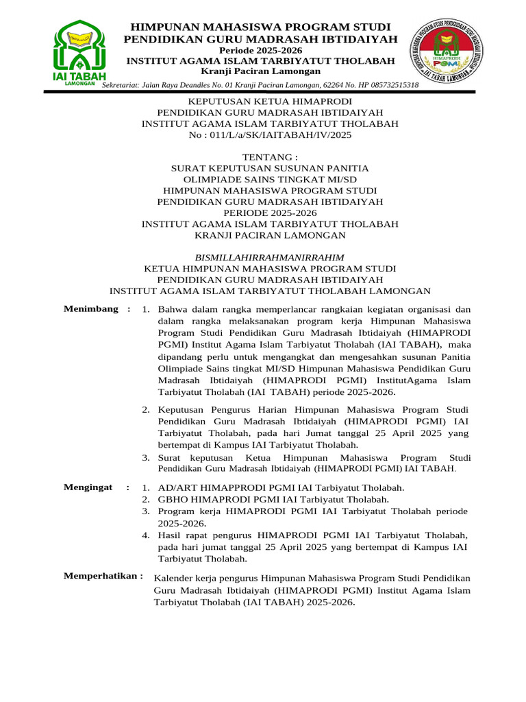 011 SK PANITIA OLIMPIADE SAINS HMP PGMI | PDF