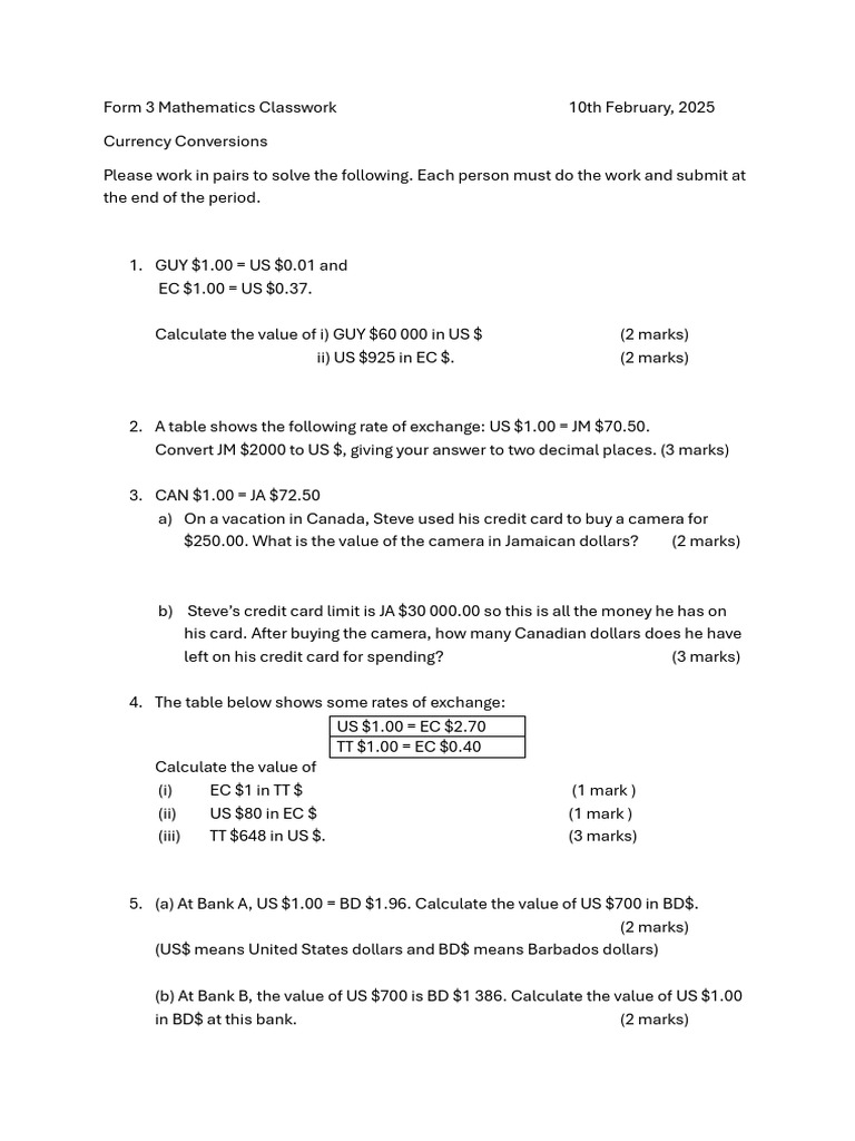 Currency Conversion Exercises for Students | PDF