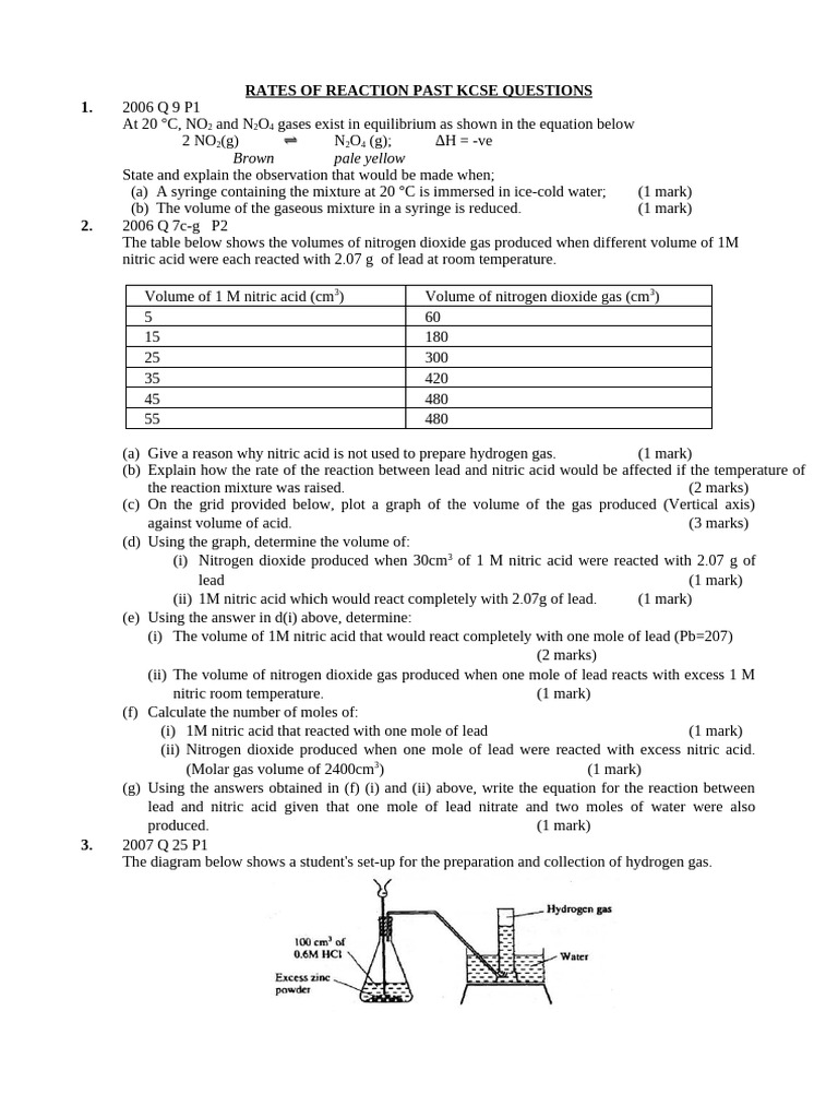 Rates of Reaction Past Kcse Questions | PDF | Chemical Equilibrium ...