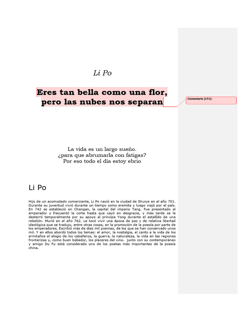 LI PO - Eres Tan Bella Como Una Flor, Pero Las Nubes Nos Separan | PDF