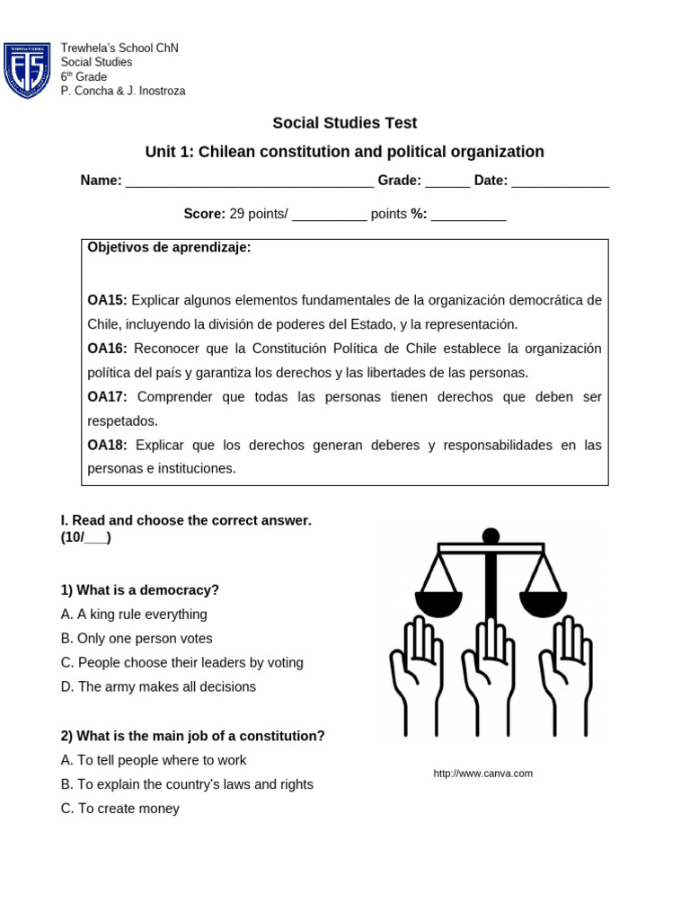 6th Social Studies Test Unit 1 | PDF | Democracy | Political Ideologies