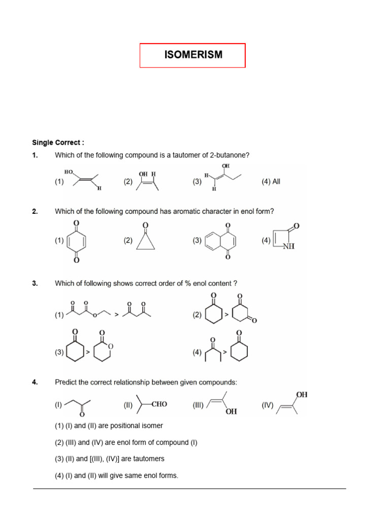 ISOMERISM Practice Sheet | PDF | Isomer | Organic Chemistry