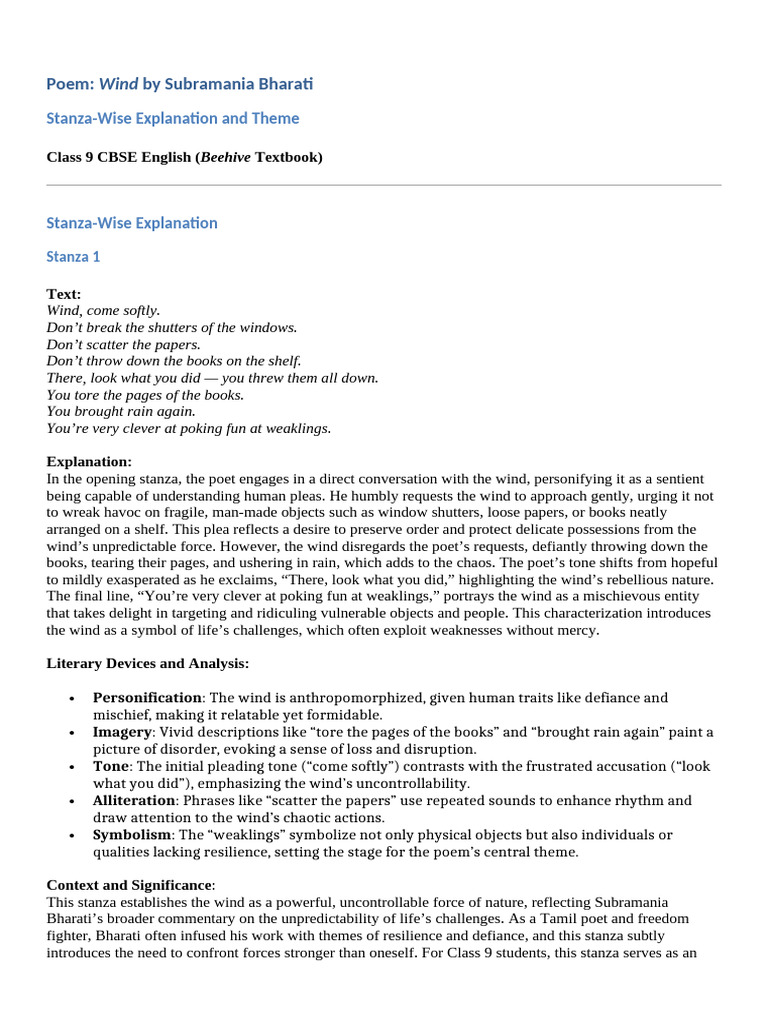 Wind Poem Analysis for Class 9 | PDF | Psychological Resilience | Poetry