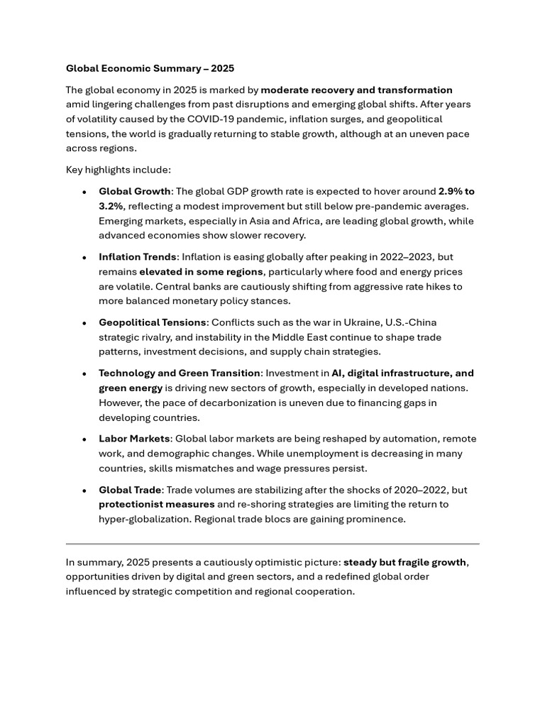 2025 Global Economic Outlook Summary | PDF